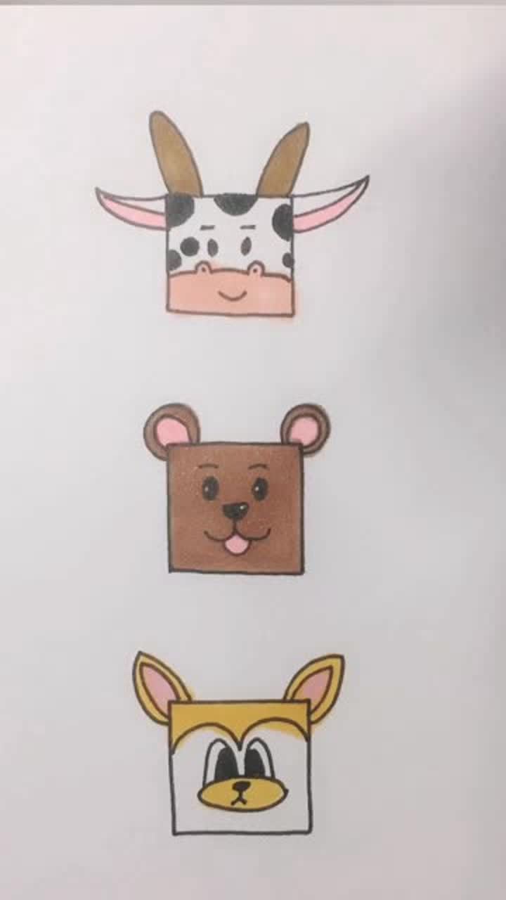 用正方形画可爱小动物 零基础学画画 儿童简笔画教程 画画教程