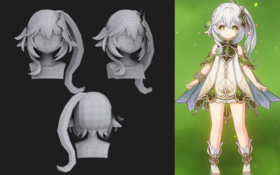 【3DMAX角色建模】原神角色草神模型制作,人物头部布线技巧详解