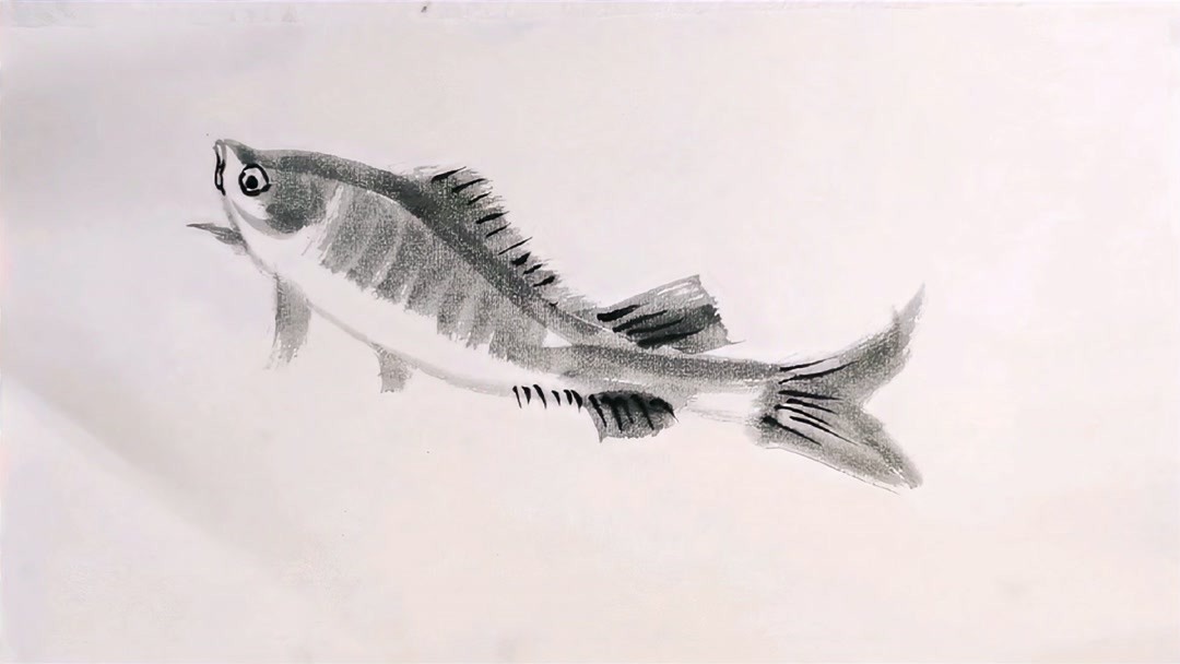 国画水墨画,画一条鱼,形象生动