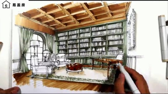 手绘室内设计效果图您见过吗?国外大神连颜色都给填好了