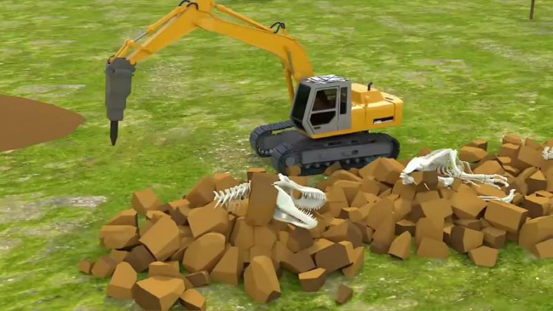 工程车益智动画 钩机和打洞机吊车寻找恐龙