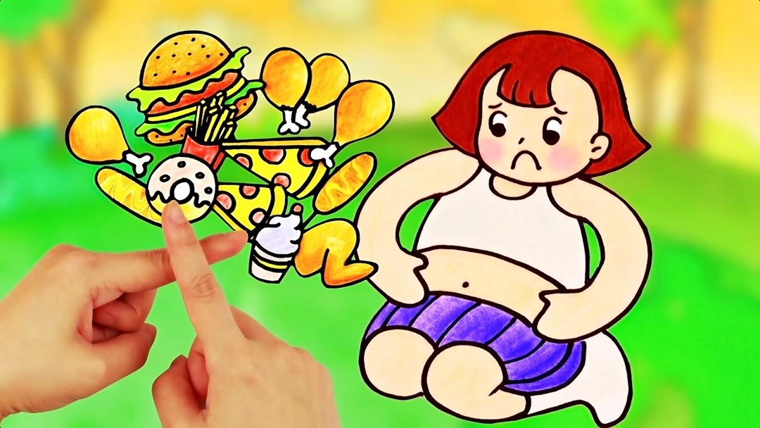 定格动画小女孩做运动吃水果蔬菜