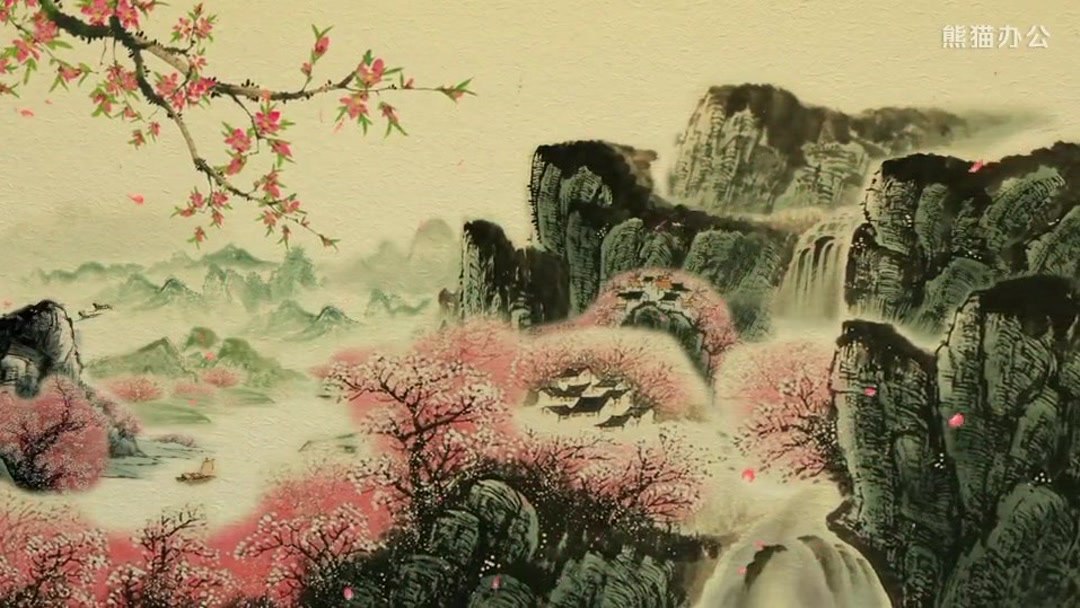 中国风水墨山水桃花林风景视频素材-熊猫办公
