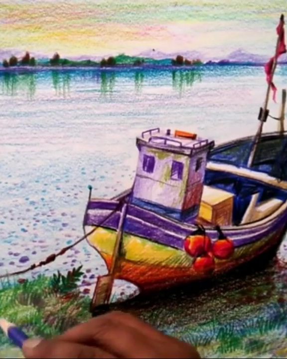 彩色铅笔绘制的小船风景画 展示彩色铅笔的绘画技巧 适合学习欣赏