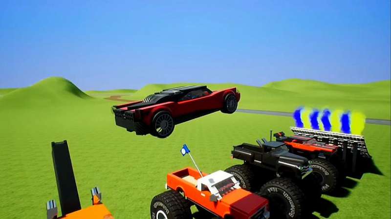 乐高BeamNG:小跑车开足马力借助跳板飞跃怪物卡车,模拟真实车祸