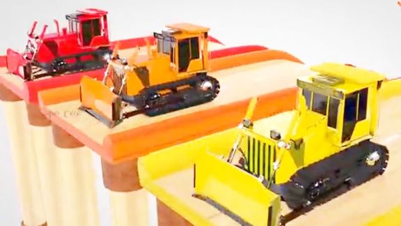 汽车动画:推土机撞击彩色足球染上漂亮的颜色