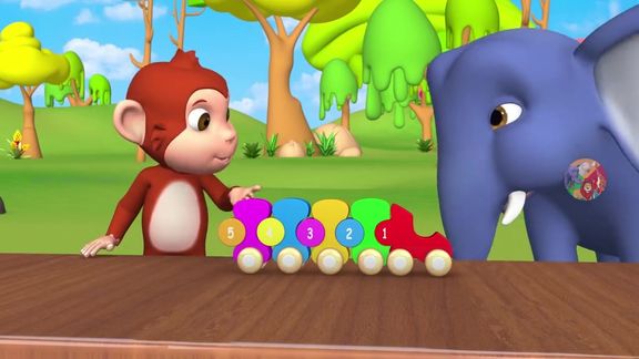 森林里的小动物,大象和大猩猩用木制火车玩具教猴子学数字