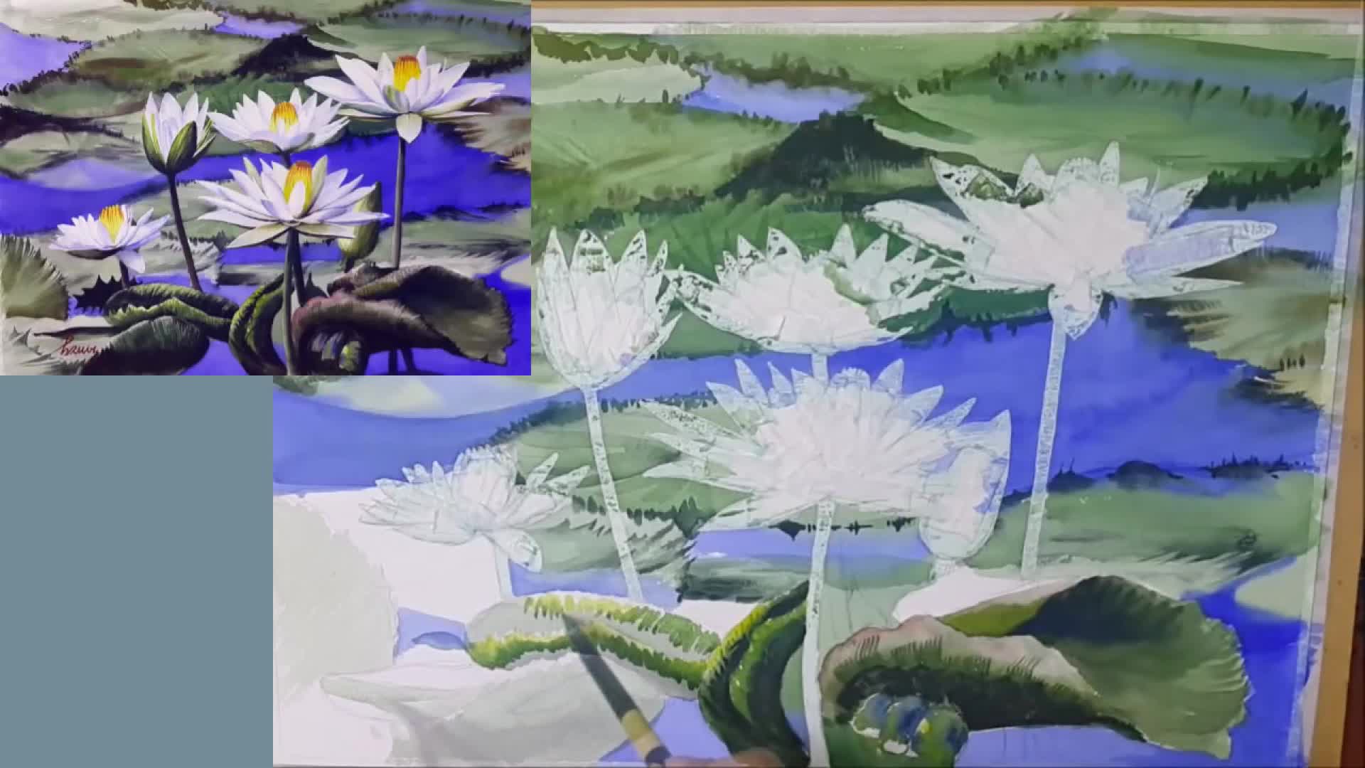 水彩画欣赏:清澈的池塘 美丽的白莲花