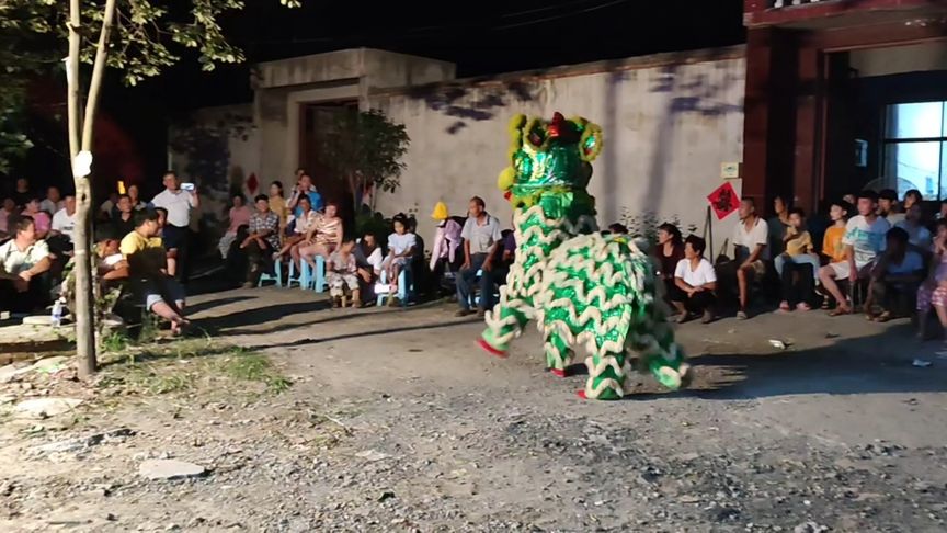 村里办喜事请来舞狮队表演庆祝,几百人围观,这场面真热闹