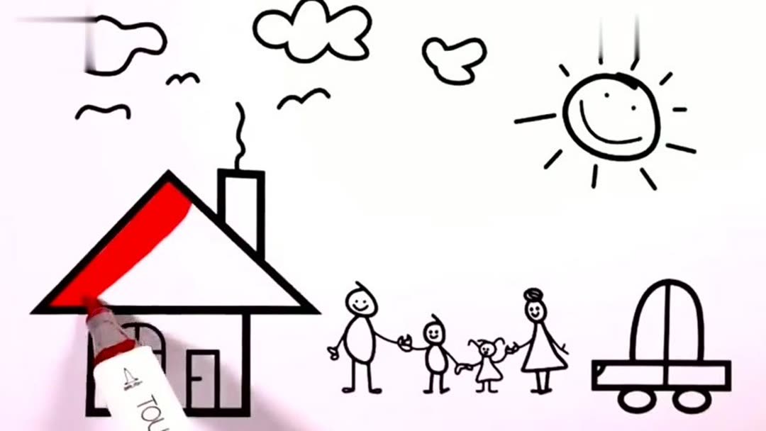 幼儿绘画故事一家四口其乐融融晒太阳炊烟袅袅饭菜香简笔画