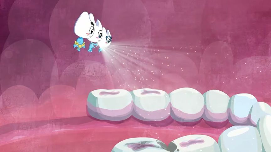 小女孩牙齿疼痛,牙牙精灵进入她的口腔,帮忙清理牙齿细菌