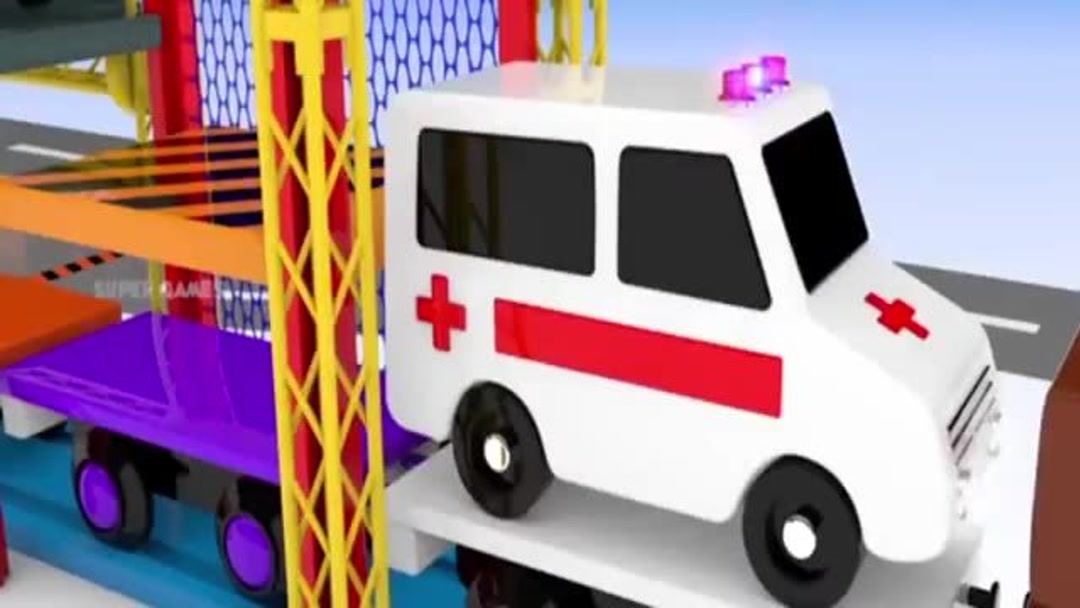 3D动画:蓝色大卡车运送各种型号的小汽车~