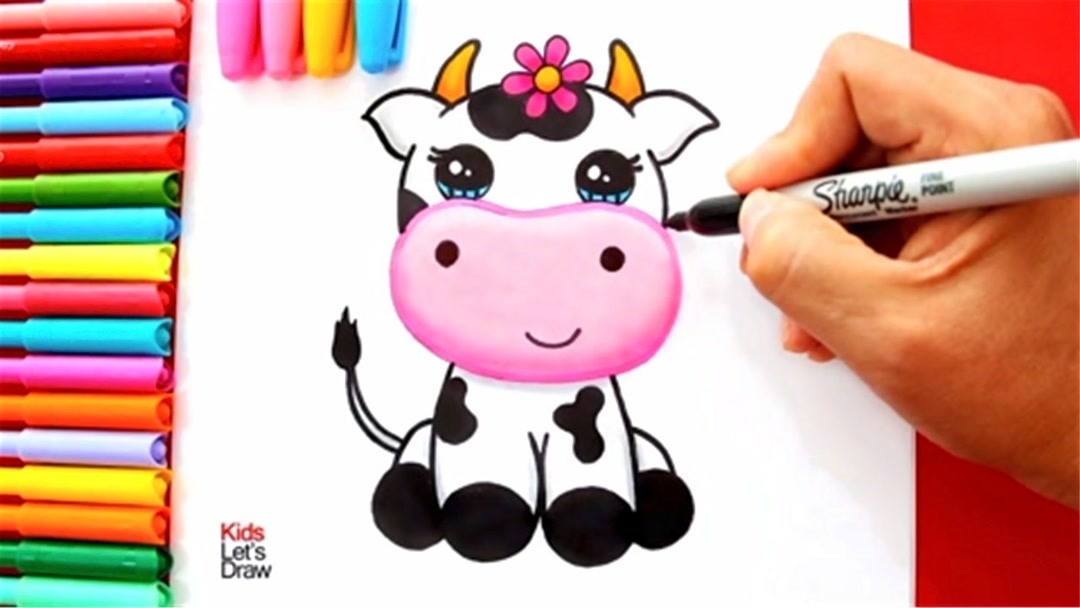米奇学画画:如何画一个可爱的奶牛,简单易学,小朋友快来学习!