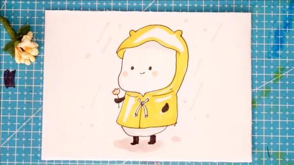 儿童简笔画:下雨天穿着黄色雨衣踩水坑的胖团
