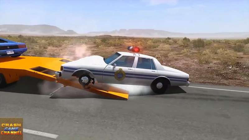 BeamNG车祸模拟:警车追击货运卡车,结果被卡住了