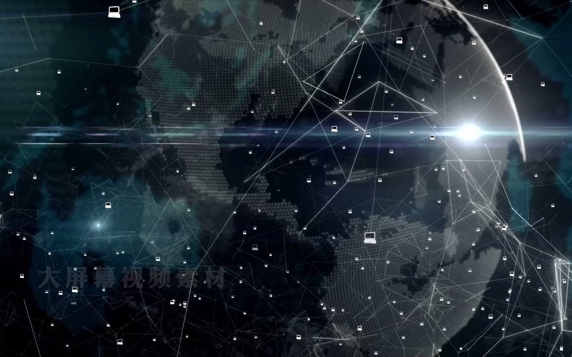 h1428 蓝色高科技感点线粒子线条汇聚HUD世界地图地球转动特效互联...