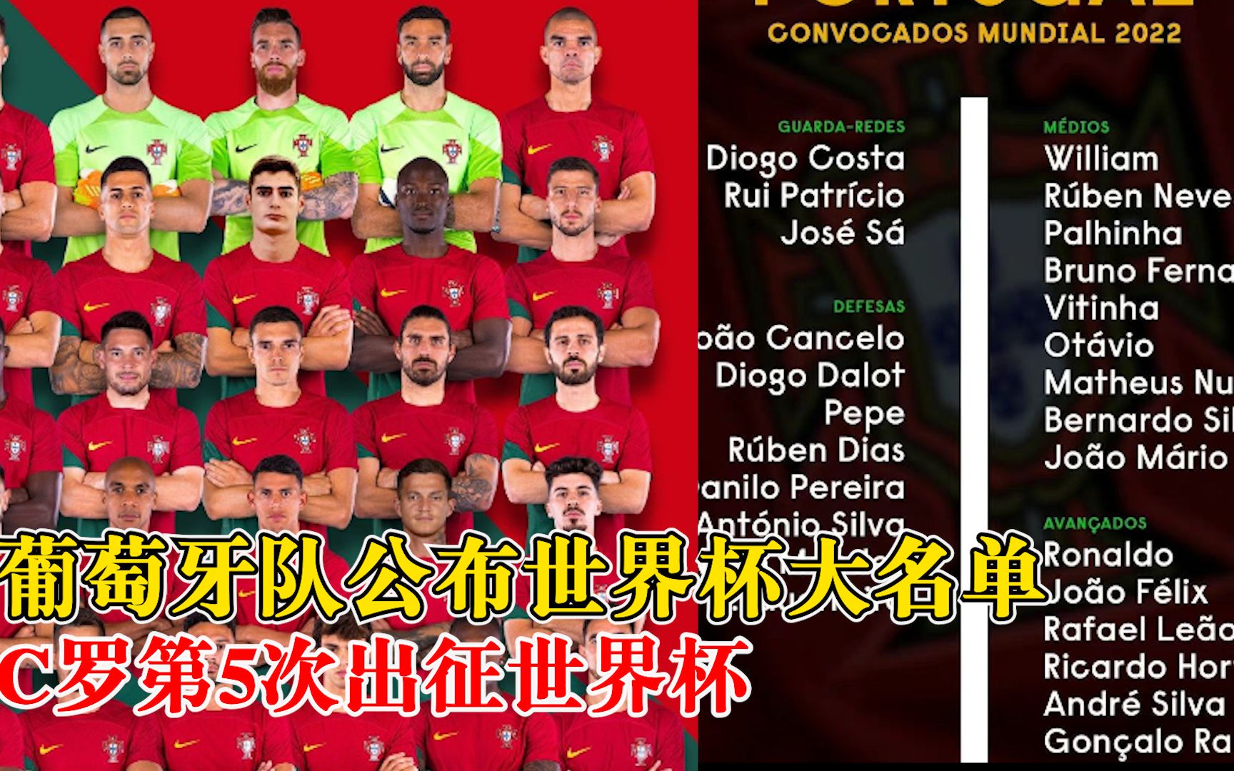 葡萄牙公布卡塔尔世界杯大名单, C罗第五次出征世界杯