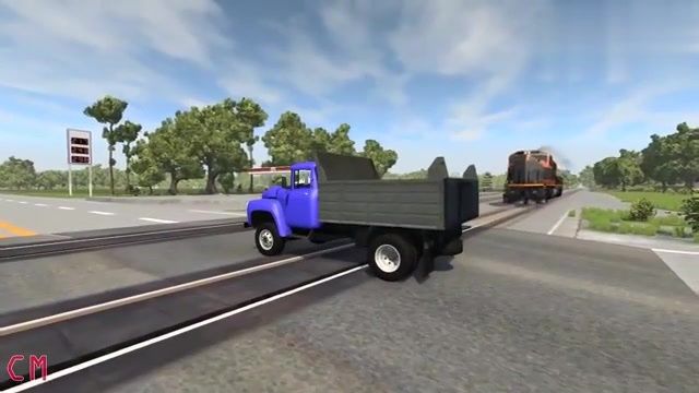 BeamNG:火车开足马力冲向铁轨上大脚汽车,画面超酸爽,模拟车祸