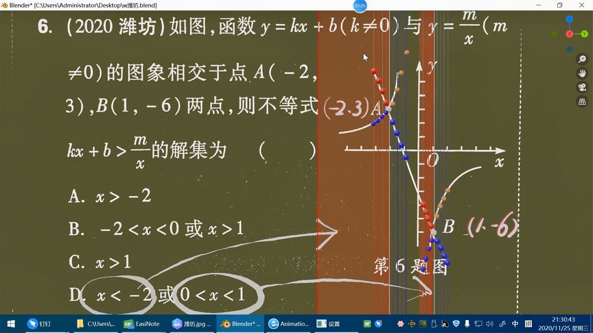 2020潍坊市中考题演示利用图像比较一次函数与反比列函数大小
