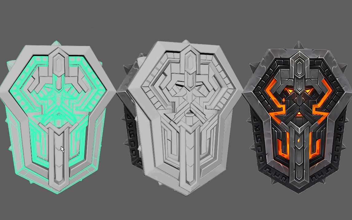 【MAYA游戏建模】次时代盾牌高模制作,模型布线,卡线模型到材质...