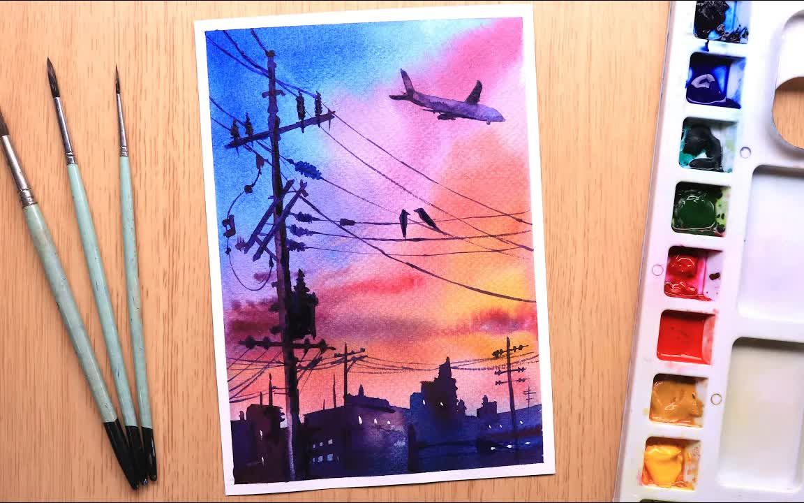 【水彩作画】水彩画晚霞城市风景