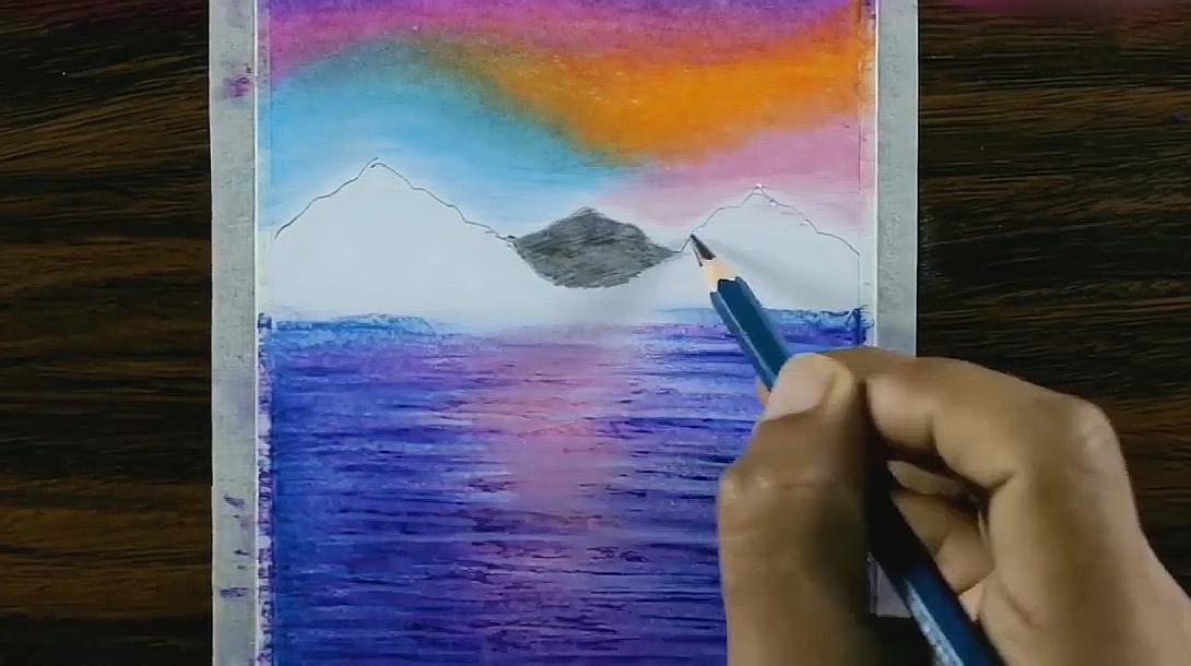 外国小哥用油画棒画出一幅超美的风景画,太有才了