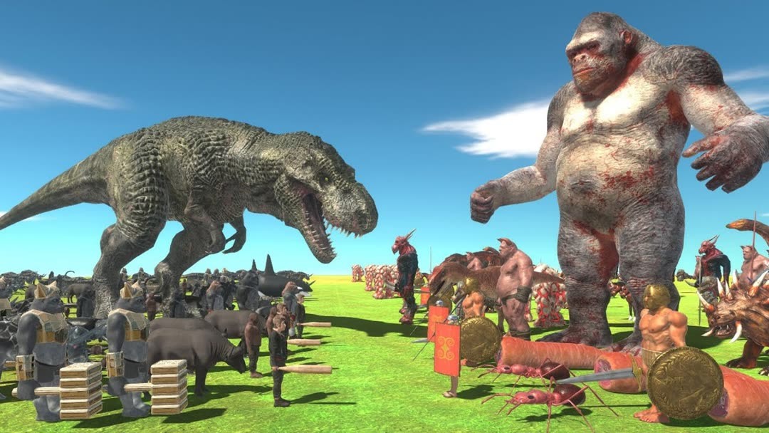 动物战争模拟器:霸王龙棘背龙腕龙大战天灾金刚普龙!你猜谁能赢