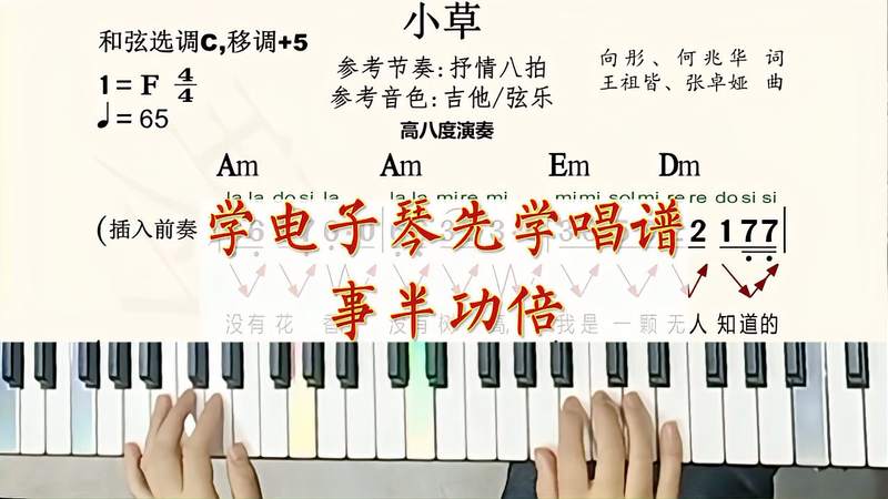 《小草》带和弦的有声动态简谱:学电子琴先学唱谱,事半功倍