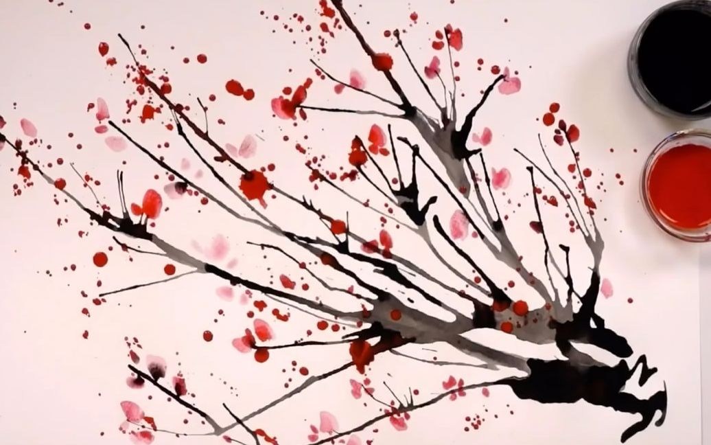 艺术水墨画作品,看看如何用吸管画樱花,简单又有创意!