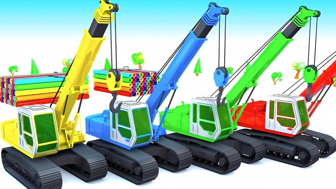 工程车动画益智 挖掘机和翻斗车运送推土机