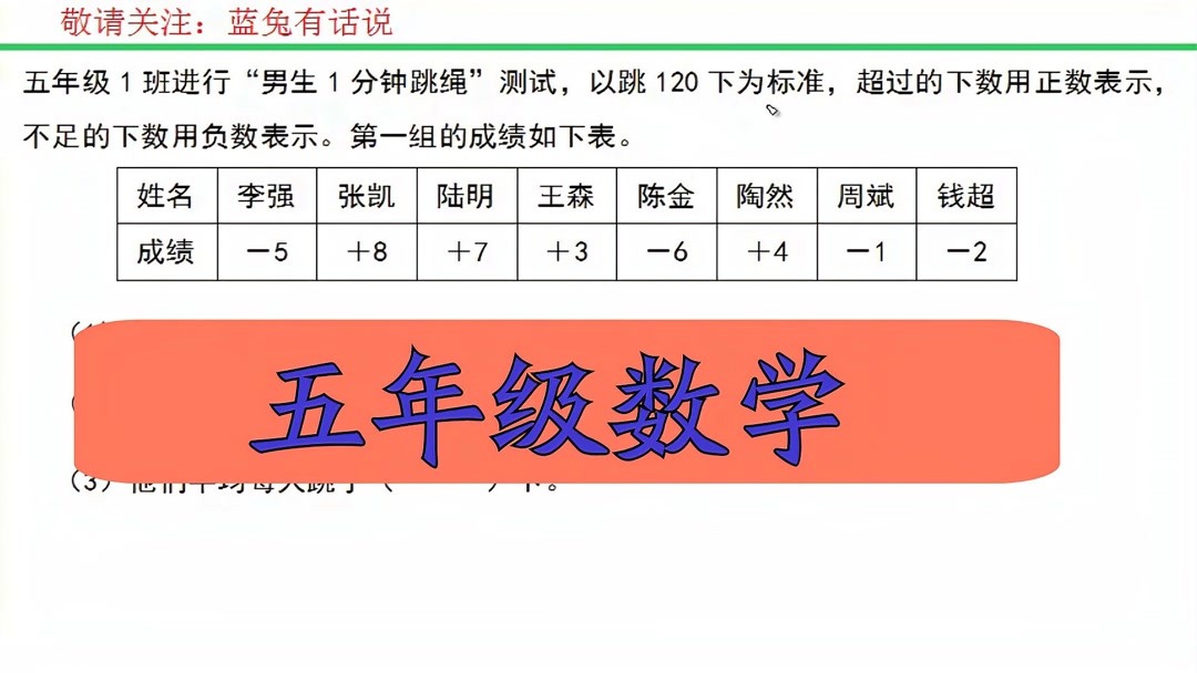用正负数表示每人的跳绳个数,你能很快地计算出他们的平均数吗