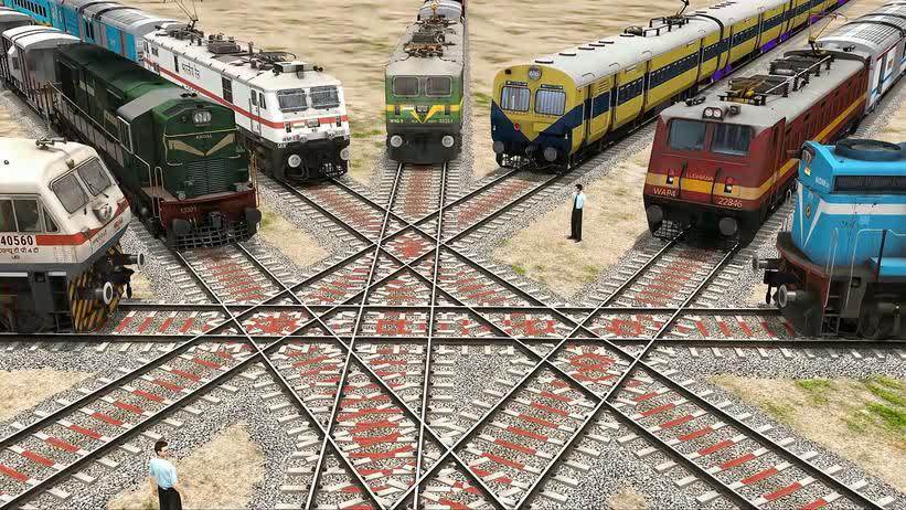 模拟火车:7列火车在纵横交错的铁路岔口相遇,柴油车让路电动车