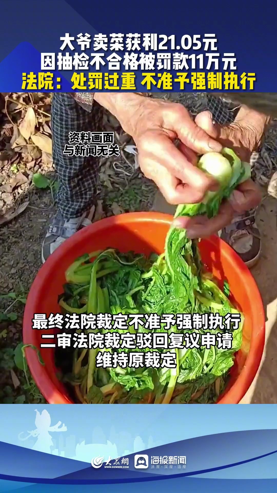 大爷卖菜获利21.05元,因抽检不合格被罚款11万元。法院:处罚过重,不...