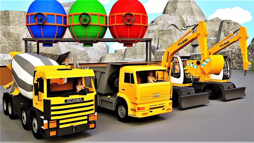 工程车之水泥罐车 破拆机 挖掘机 自卸车 英文益智动画 认知颜色