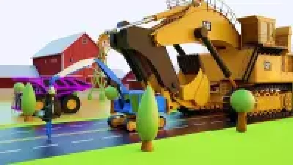 大吊车挖土车运输车建设喷泉水池儿童动画片