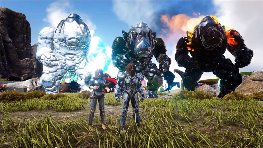 方舟生存进化-神话元素第67期 带领三大石头人大战终极霸王龙BOSS