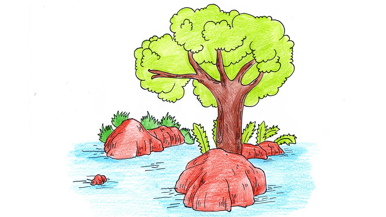 风景简笔画 画河流石头树木