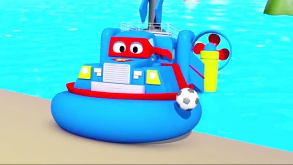 超级卡车:婴儿车进行足球比赛,卡尔变成汽垫船捡掉进海里的足球
