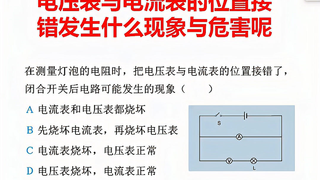 电压表与电流表的位置接错后,电路将发生什么现象与危害呢