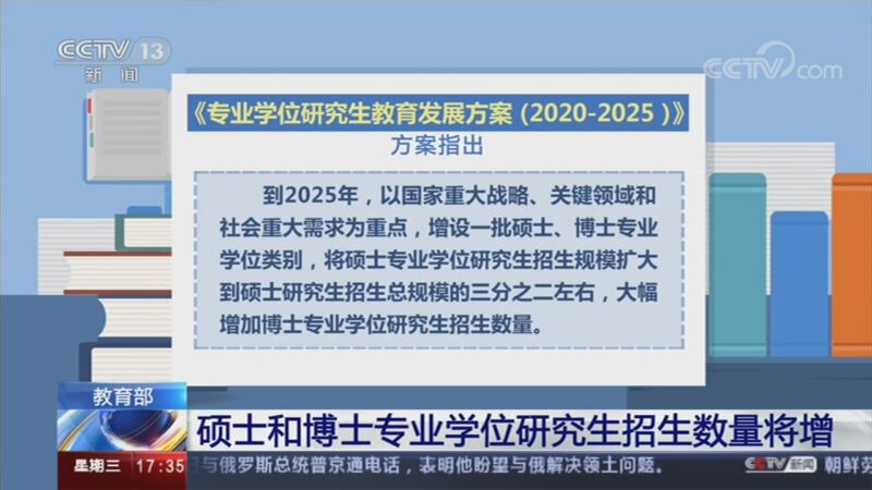 [新闻直播间]教育部 硕士和博士专业学位研究生招生数量将增
