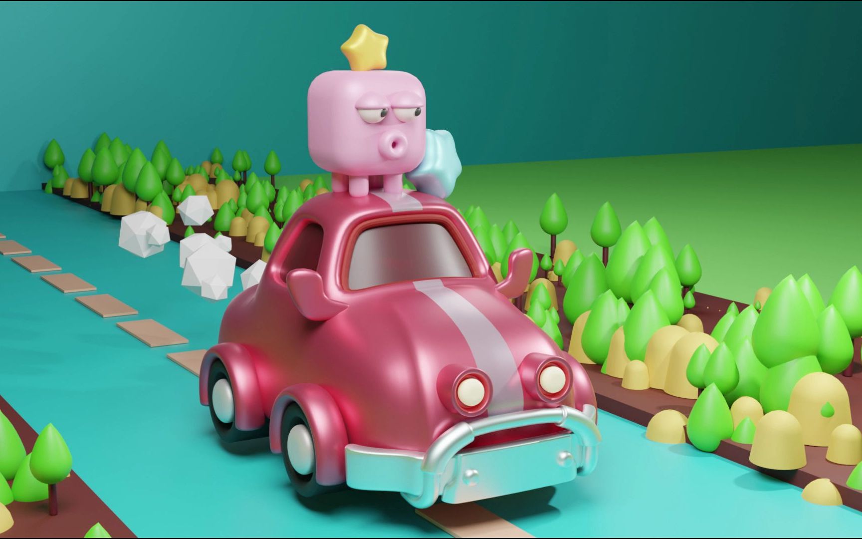 Blender建模渲染练习小森林自驾游 可爱小汽车动画