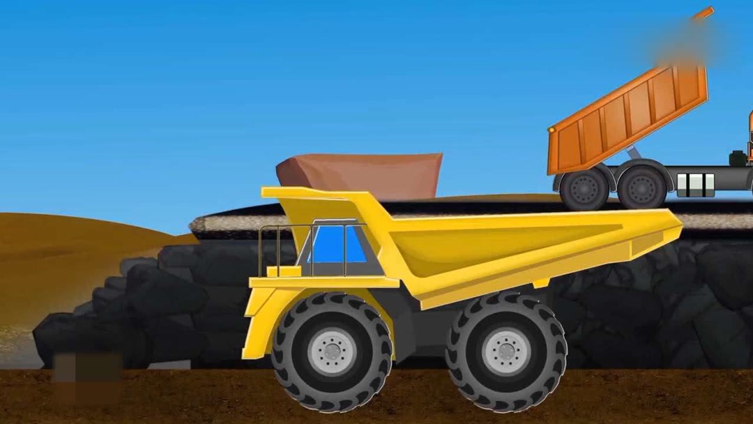 黄色巨型工程车挖土,连续装满卡车,亲子益智动画