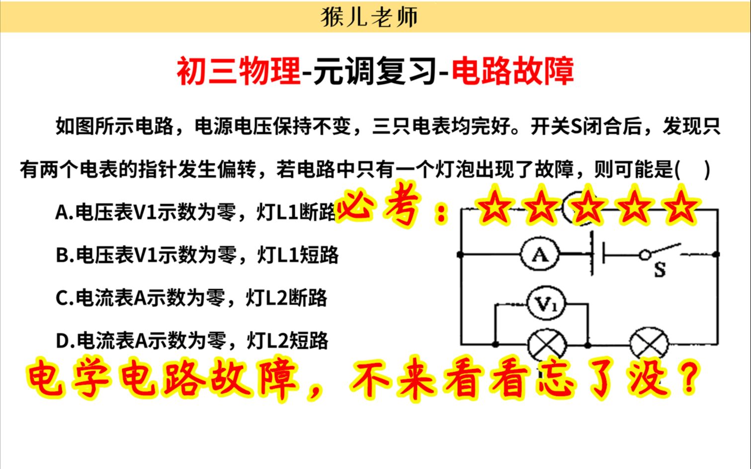【初中物理】九年级元调复习,必考的电路故障你掌握了吗?仔细听做题...