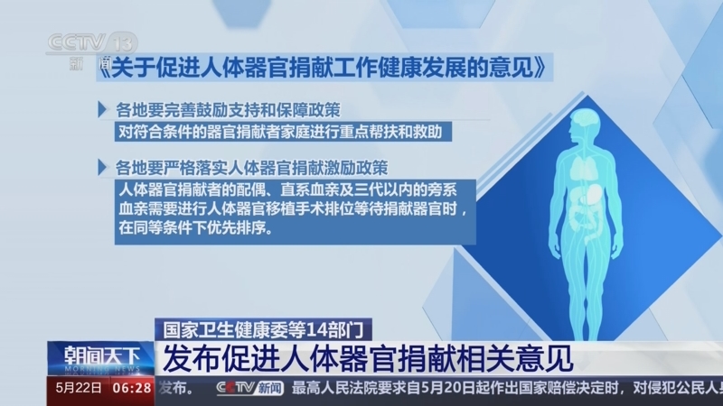 [朝闻天下]国家卫生健康委等14部门 发布促进人体器官捐献相关意见