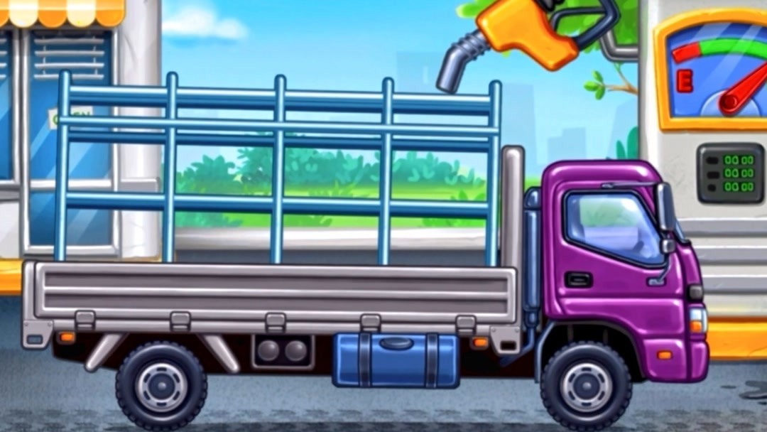 工程车动画:大卡车加油完毕,我们利用卡车拉建材!