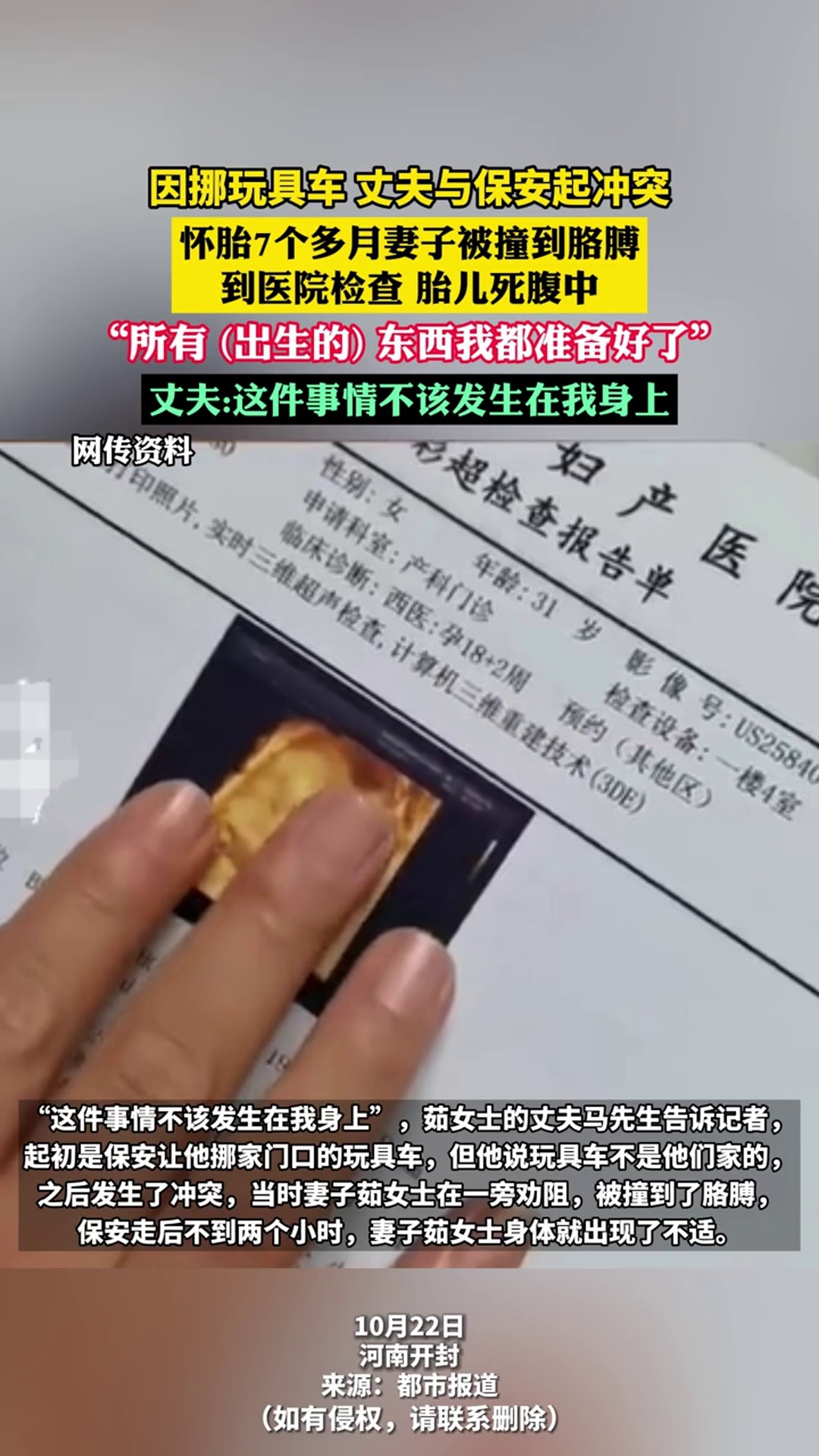 #与保安起冲突孕妇被撞致胎死腹中 据都市报道:10月22日,河南开封。"...