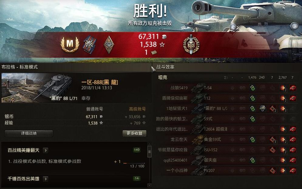 【坦克世界】黑豹88 7杀 2767伤害 1476协助 英雄榜当日单场击杀人数...