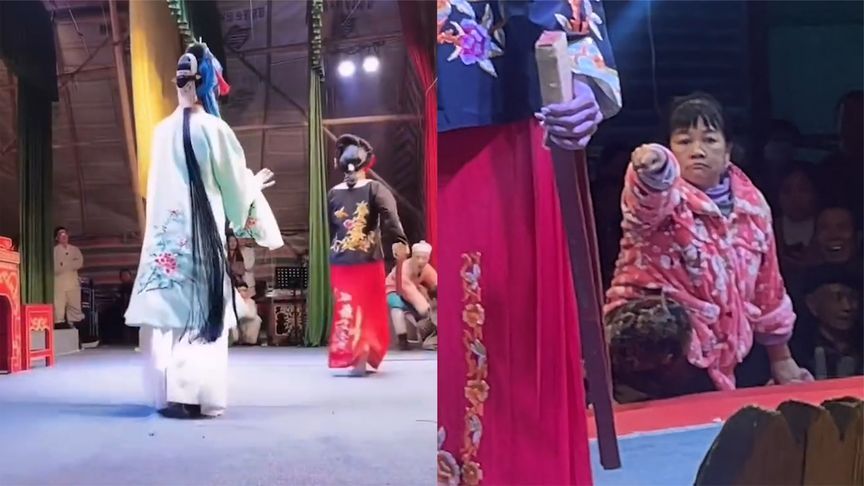 戏剧演员表演打架戏段,大妈入戏太深上台劝阻:刀人的眼神藏不住