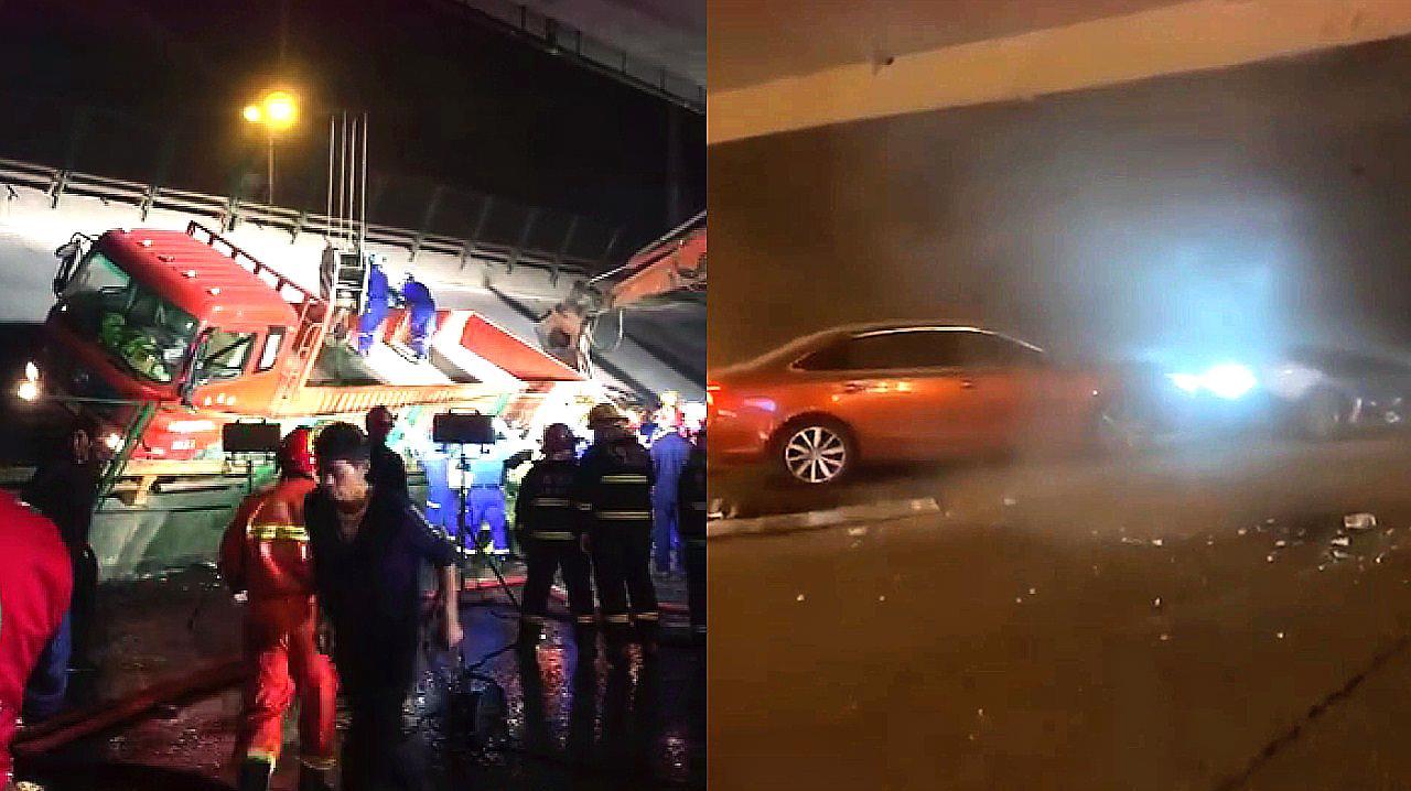 现场:江苏无锡高架桥侧翻致3死2伤 事故原因系运输车辆超载