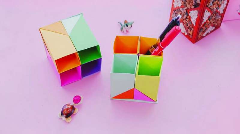 实用的折纸多格小笔筒,原来步骤这么简单,材料只要几张纸!